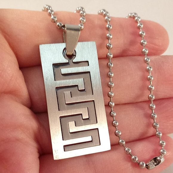 Accessories | Mens Stainless Steel Greek Key Cut Fit Pendant Ball Chain ...